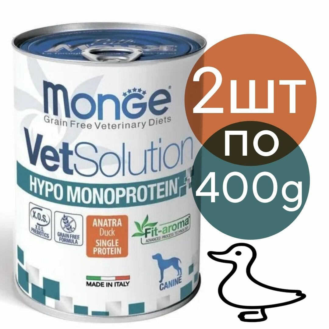 Влажный корм Monge VetSolution HYPO MONOPROTEIN для собак, при пищевой непереносимости , со вкусом утки (2шт по 400г)