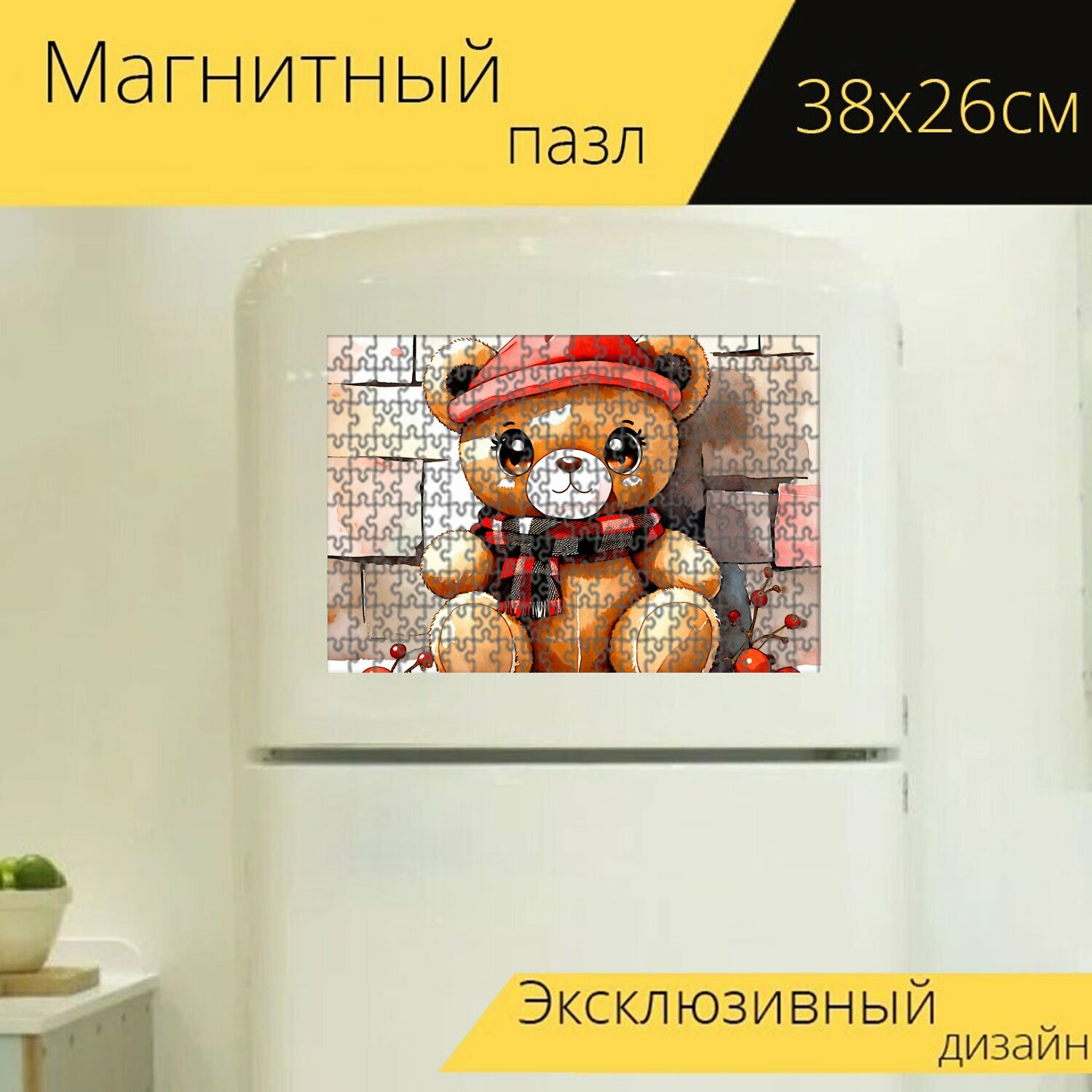 Магнитный пазл "Милый плюшевый медведь с большими глазами, одетый в красную шапочку с помпоном и в теплый шарф в клетку из различных оттенков красного и." для интерьера, 38х26 см.
