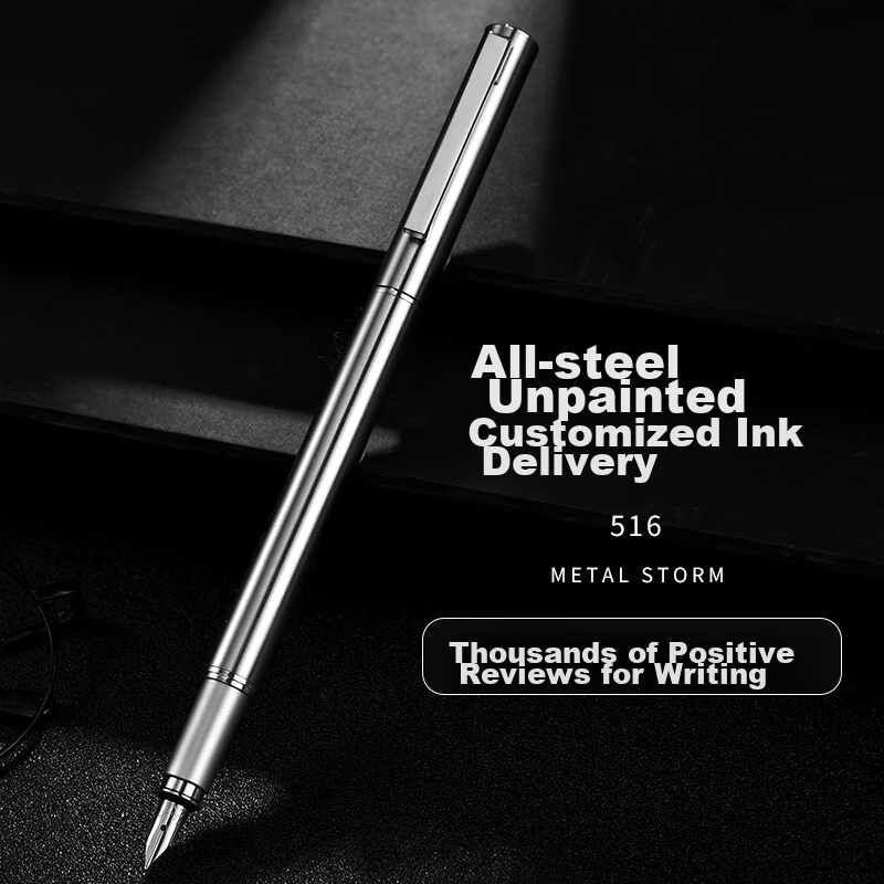 [Back to School Gift] Hongdian Fountain Pen 516, All-Steel Brushed Classic, Unvarnished High-End Ink Gift Box, 0.48mm, for Business Office, Student Handwriting Practice, Vintage Signature Pen