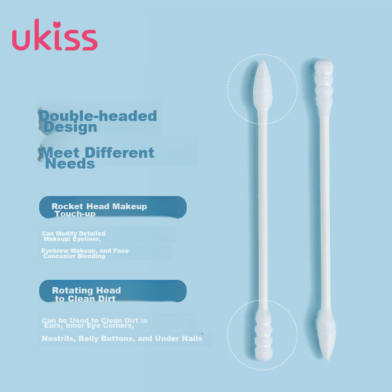 Ukiss Cotton Swabs, Double-Ended, 200 Pieces, Ear Cleaning, Makeup, Pointed, Spiral, Oval Tips, Disposable Cleaning Sticks for Infants And Children