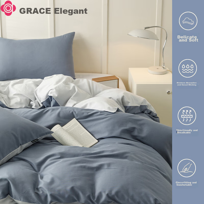 Jieliya Four-Piece Antibacterial Bedding Set for 1.5/1.8 Meter Bed (Duvet Cover： 2×2.3M) Blue + Gray