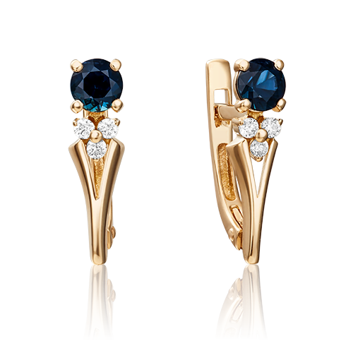Серьги, красное золото, 585 проба, бриллиант, сапфир