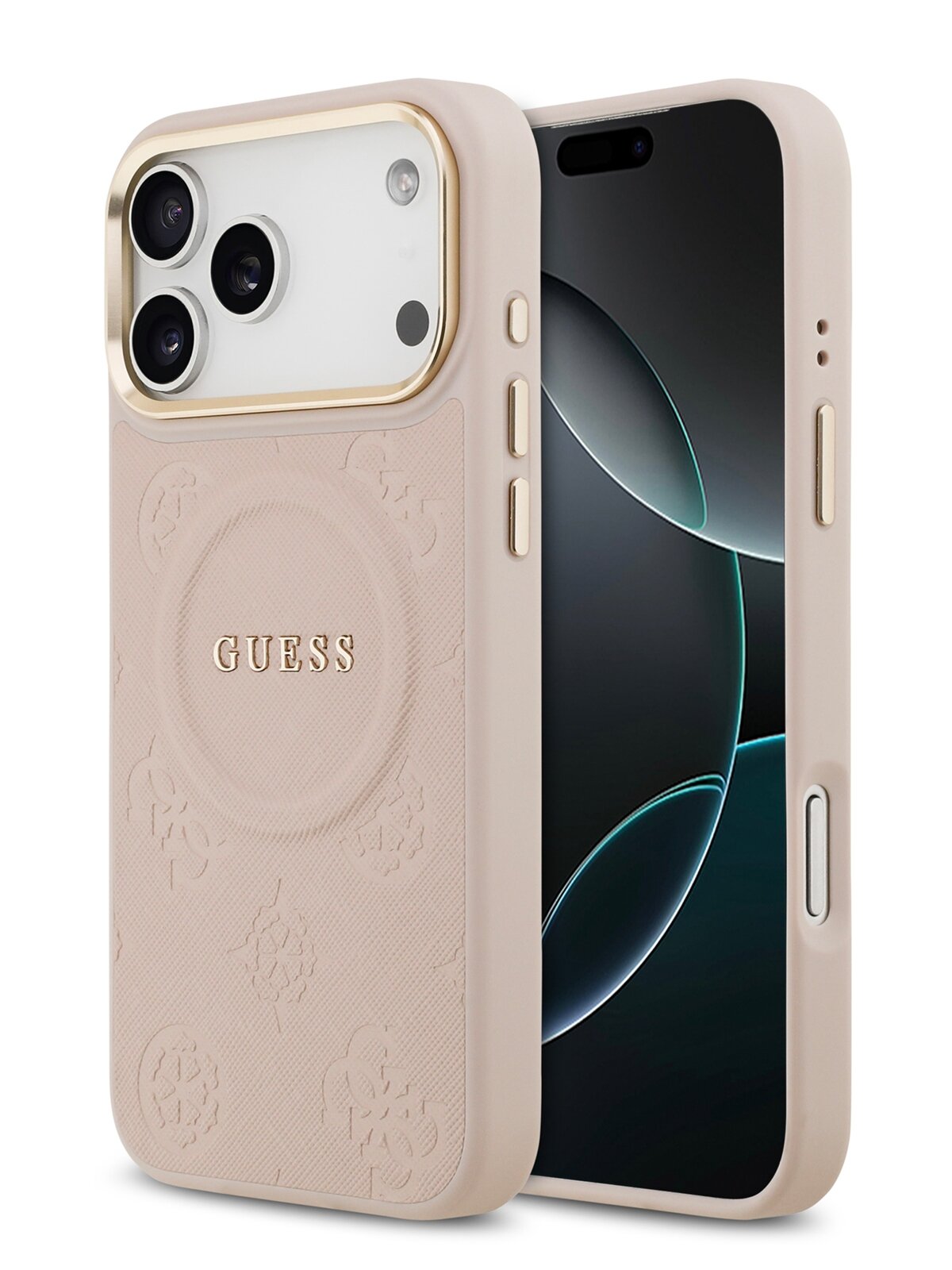 Guess чехол с MagSafe для iPhone 17 Pro Max, PU кожа Saffiano Peony, с защитой камеры, розовый