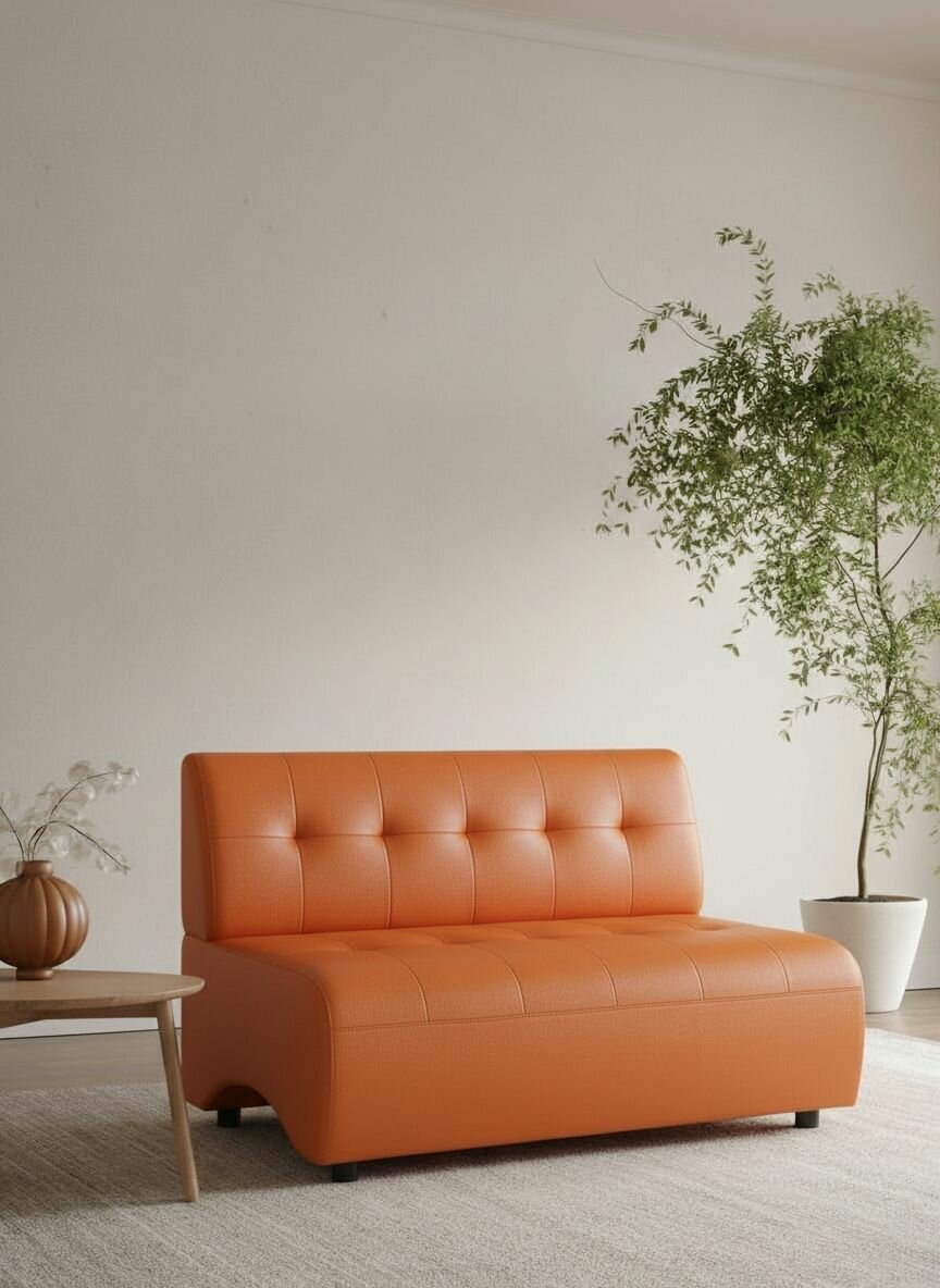 Диван прямой Вега без подлокотников оранжевая кожа . Офис, дом, салон красоты, прихожая, гостиная, зона ожидания.