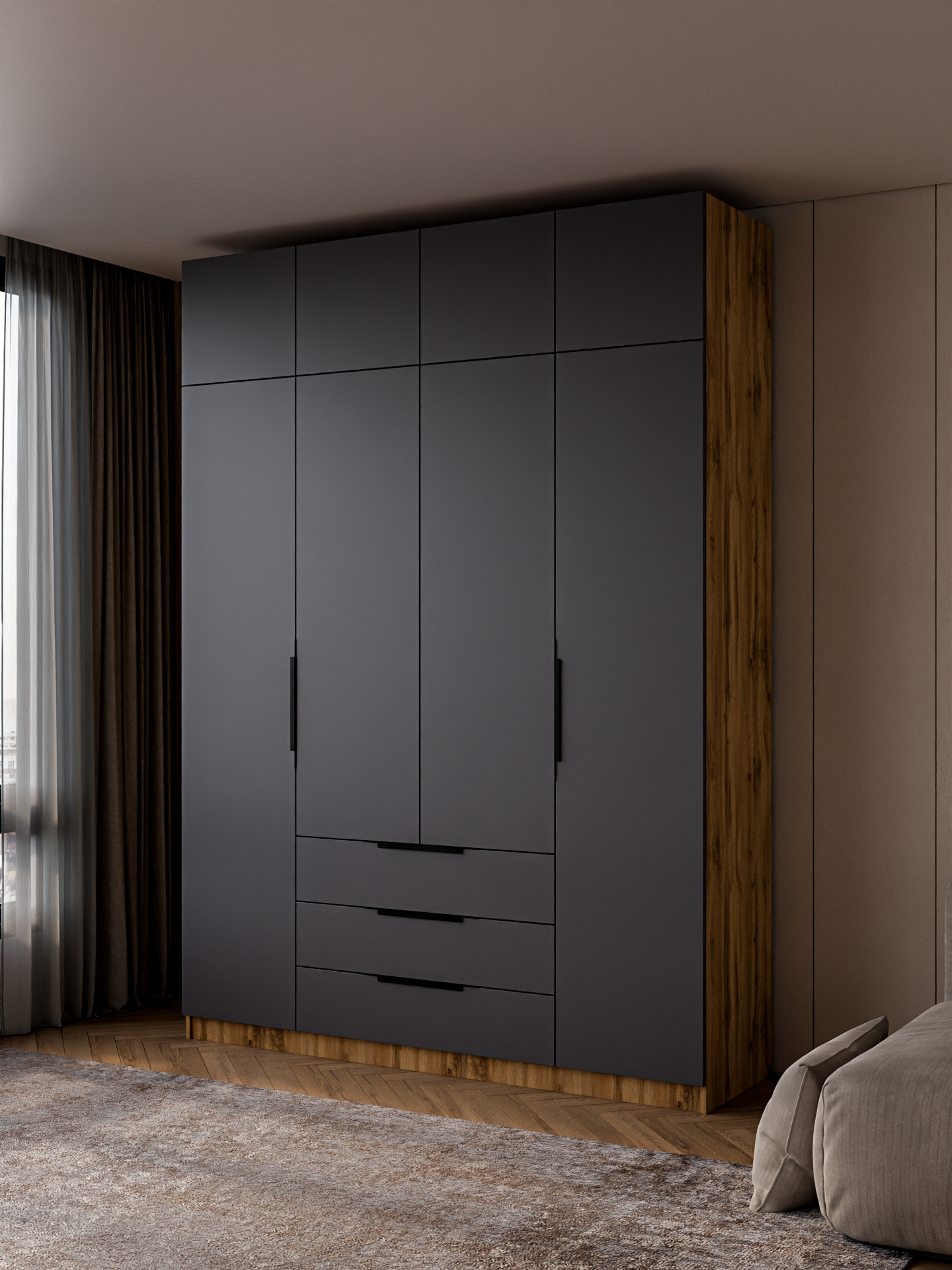 Шкаф распашной Брайт | Корпус ЛДСП Дуб Вотан | Фасад ЛДСП Графит | Ручка торцевая чёрная