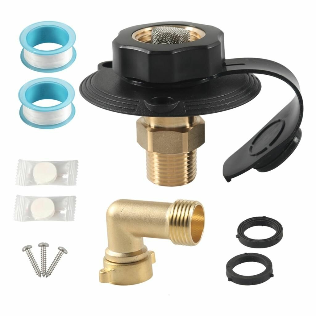 Вход воды для автодома с обратными клапанами и коленом шланга, Черный