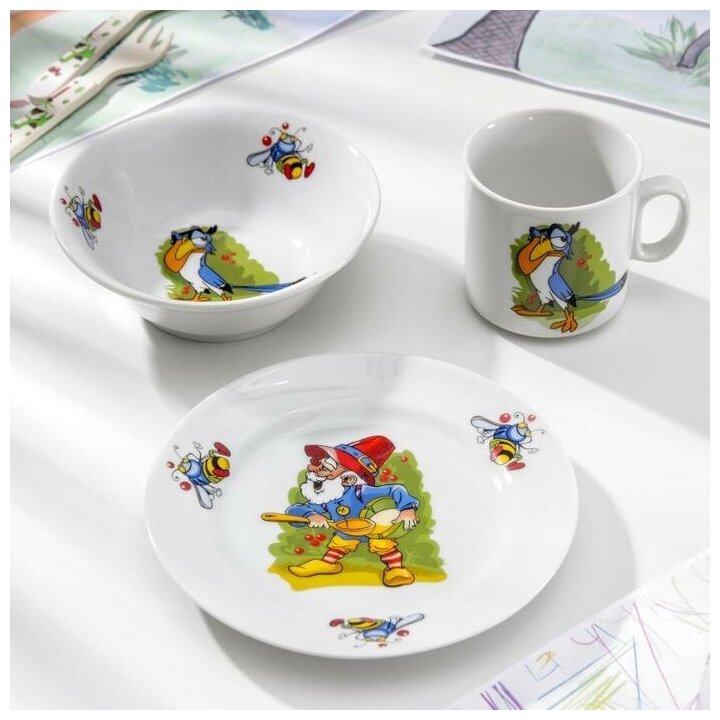 Детский набор посуды из фарфора "Лесовичок", 3 предмета, обеденный сервиз, посуда для сервировки