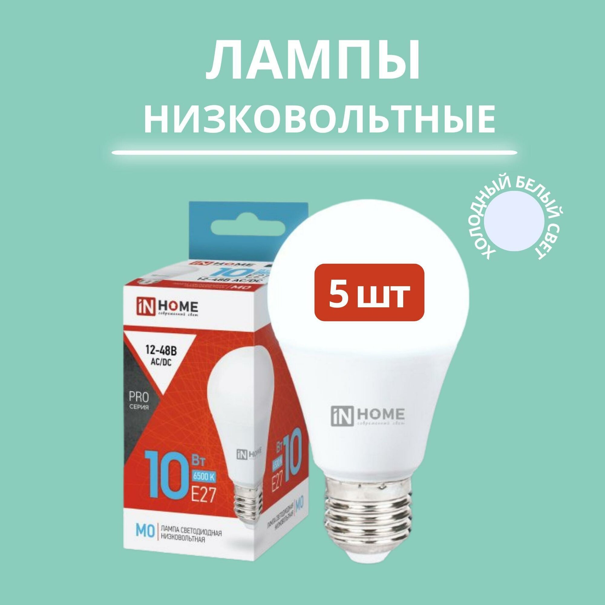 Лампа для гаража и погреба низковольтная светодиодная Е27 12-48В низковольтная 10Вт 6500К IN HOME 5шт