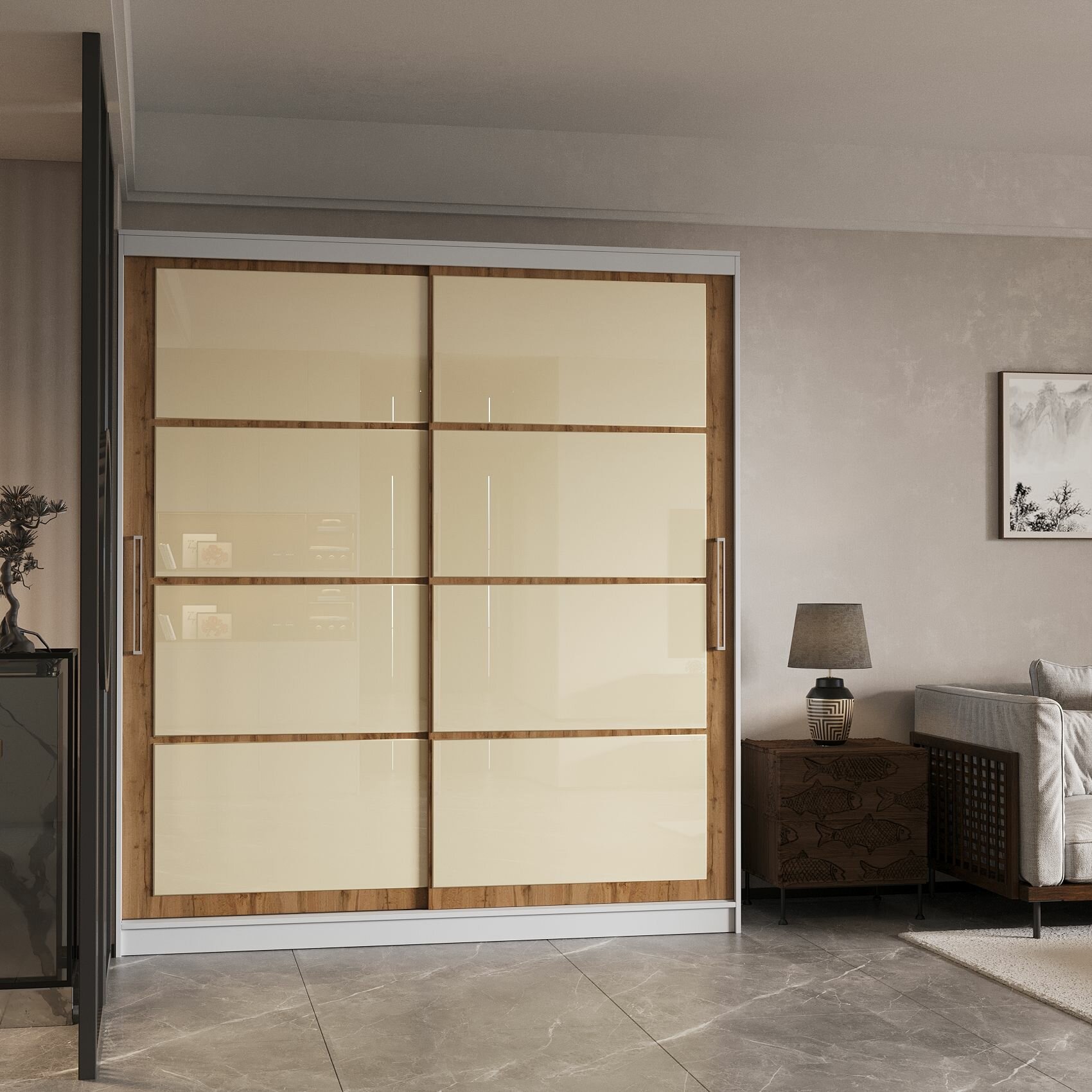 Шкаф-купе гранд ЛДСП 2м белый/дуб вотан лакобель