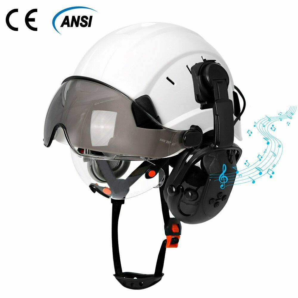 Строительная каска (защитный шлем) с Bluetooth-наушниками, регулируемыми двойными очками