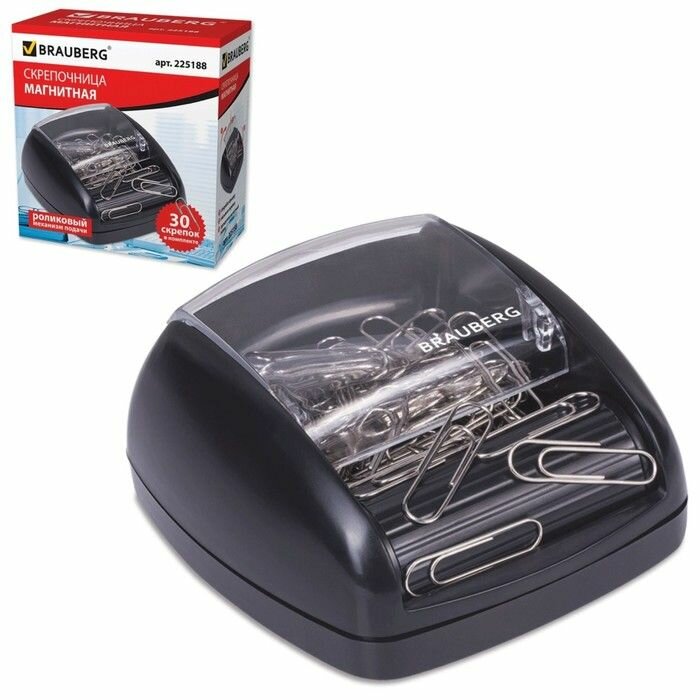 Скрепочница магнитная Brauberg С 30 скрепками, роликовый механизм подачи, черная (225188)