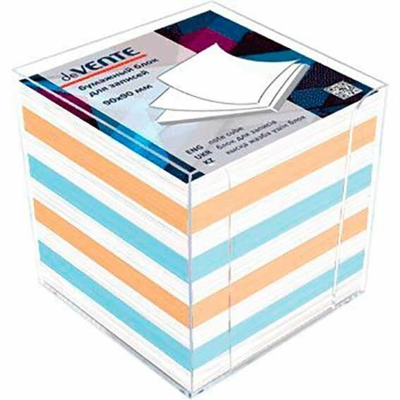 Блок для записи deVENTE 90х90х90 мм цветной, непроклеенный, офсет 100 г/м2, прозрачная пластиковая подставка (2013403)