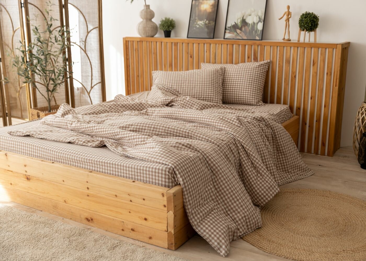 Пододеяльник UTRO из вареного хлопка, Бежевый Клетчатый, Двуспальный, 172х205