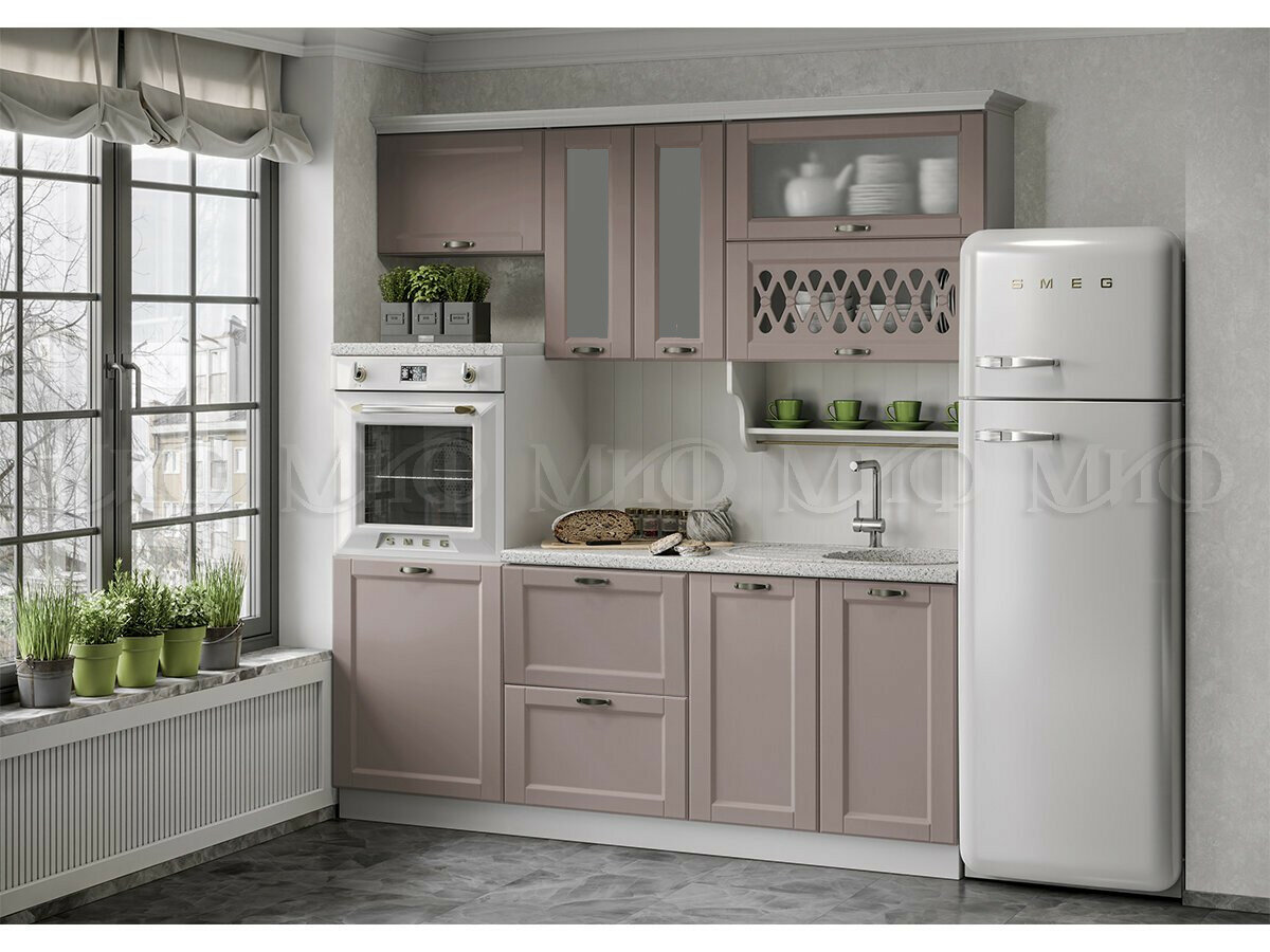 Кухня 220см прямая Миф Милано МДФ размер 2,2 Компоновка №3, цвет Шарли Пинк, столешница Антарес