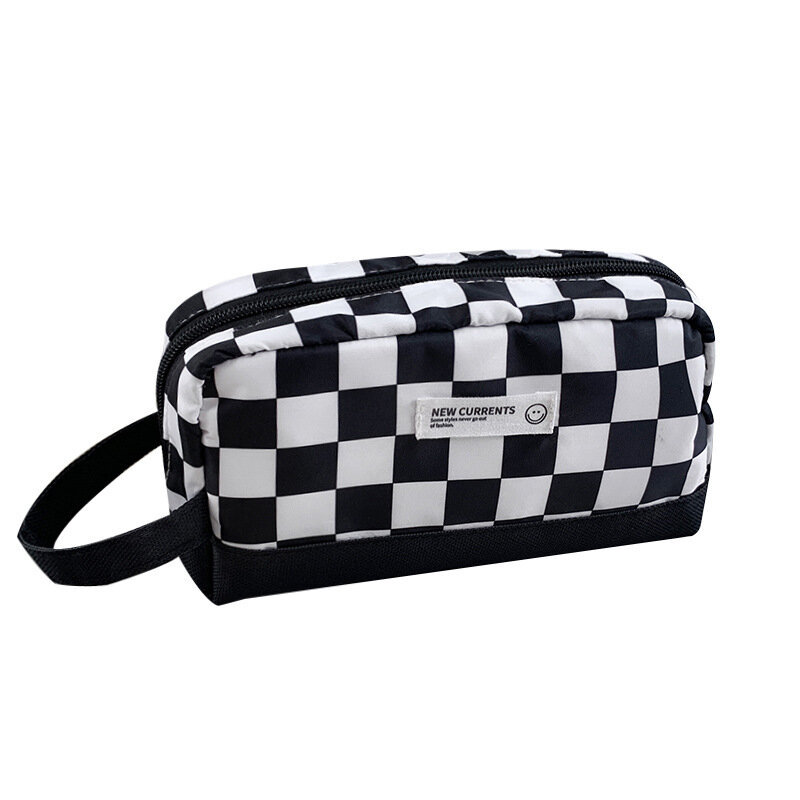 Вместительный пенал с шахматным рисунком, эстетичный черно-белый чехол для ручек, стильный органайзер для канцелярских принадлежностей для студентов, подростков, девочек и косметичка, ткань
