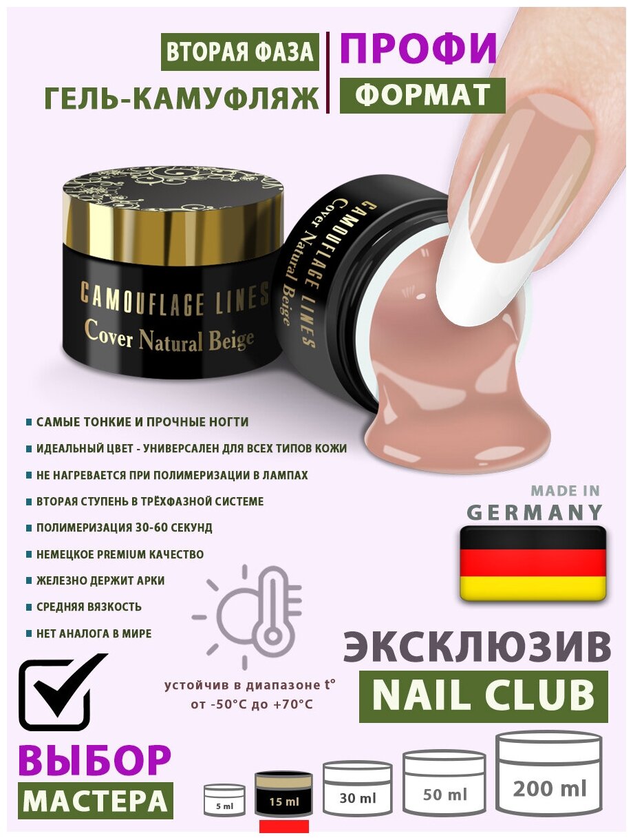 Nail Club professional Камуфлирующий гель для ногтей CAMOUFLAGE LINES, Cover Natural Beige, 15 мл.