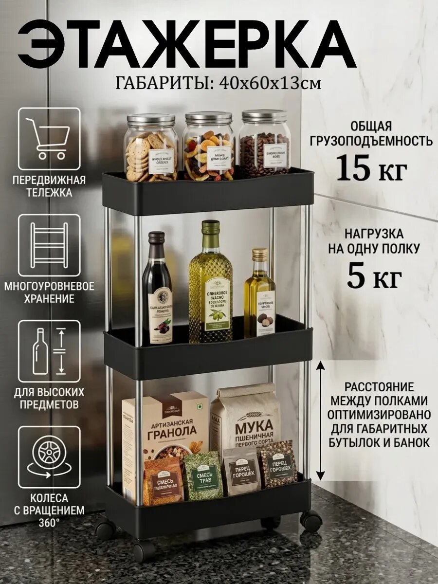 Этажерка на колесиках, Стеллаж для кухни, Полка передвижная