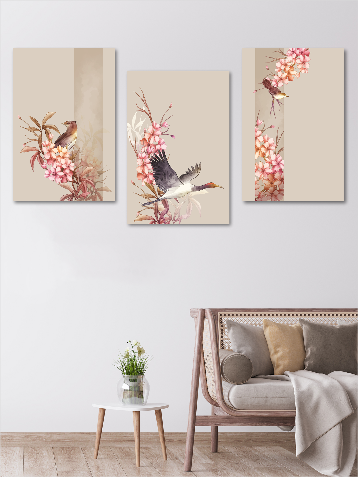 Модульная картина для интерьера на стену природа. Птицы на цветущей розовой ветке 50х75 см - 3 штуки на холсте на подрамнике