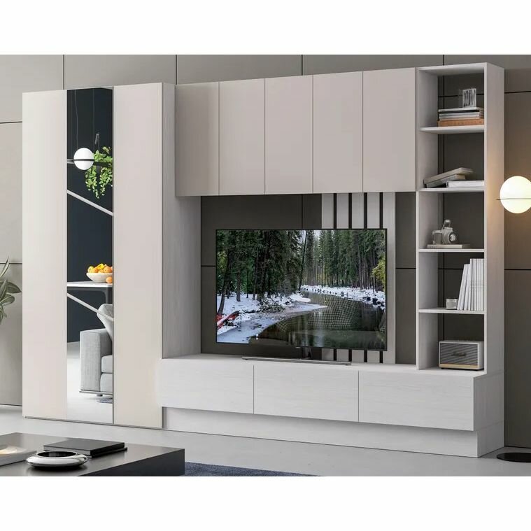 Стенка в гостиную Лиза от Астрид-Мебель, размер 340х50х215 см. цвет Анкор белый/Сатин