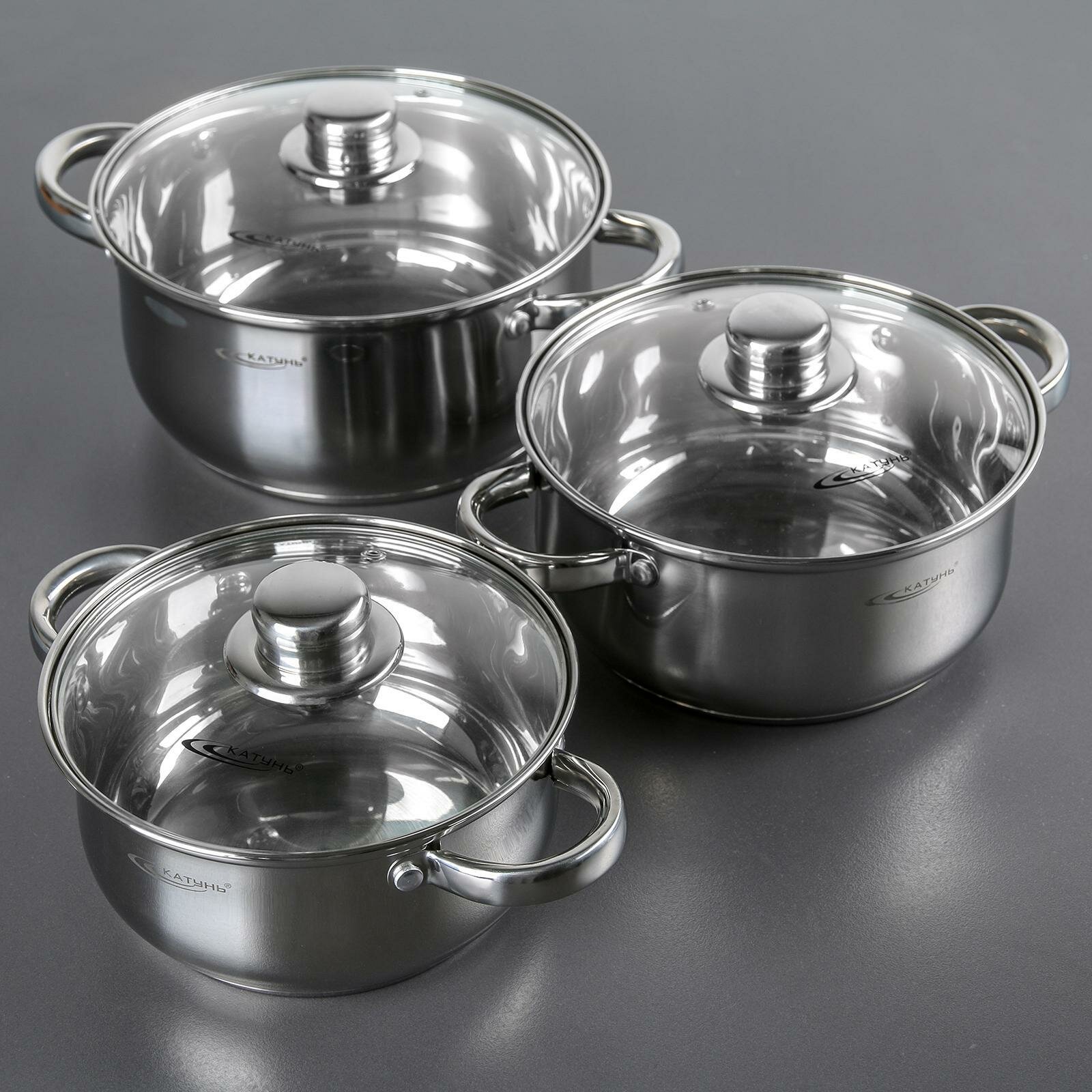 Набор кастрюль Катунь «Гретта», 3 предмета: 2.2 л, 3.2 л, 4.2 л, капсульное дно, индукция, нержавеющая сталь, AISI - 201