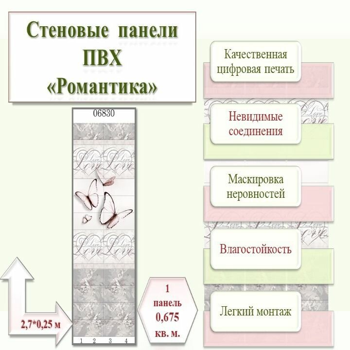 Панель ПВХ Романтика 270см*25см , панно Бабочки (декор 4 панели), арт. 06830 , упак. 1 комплект
