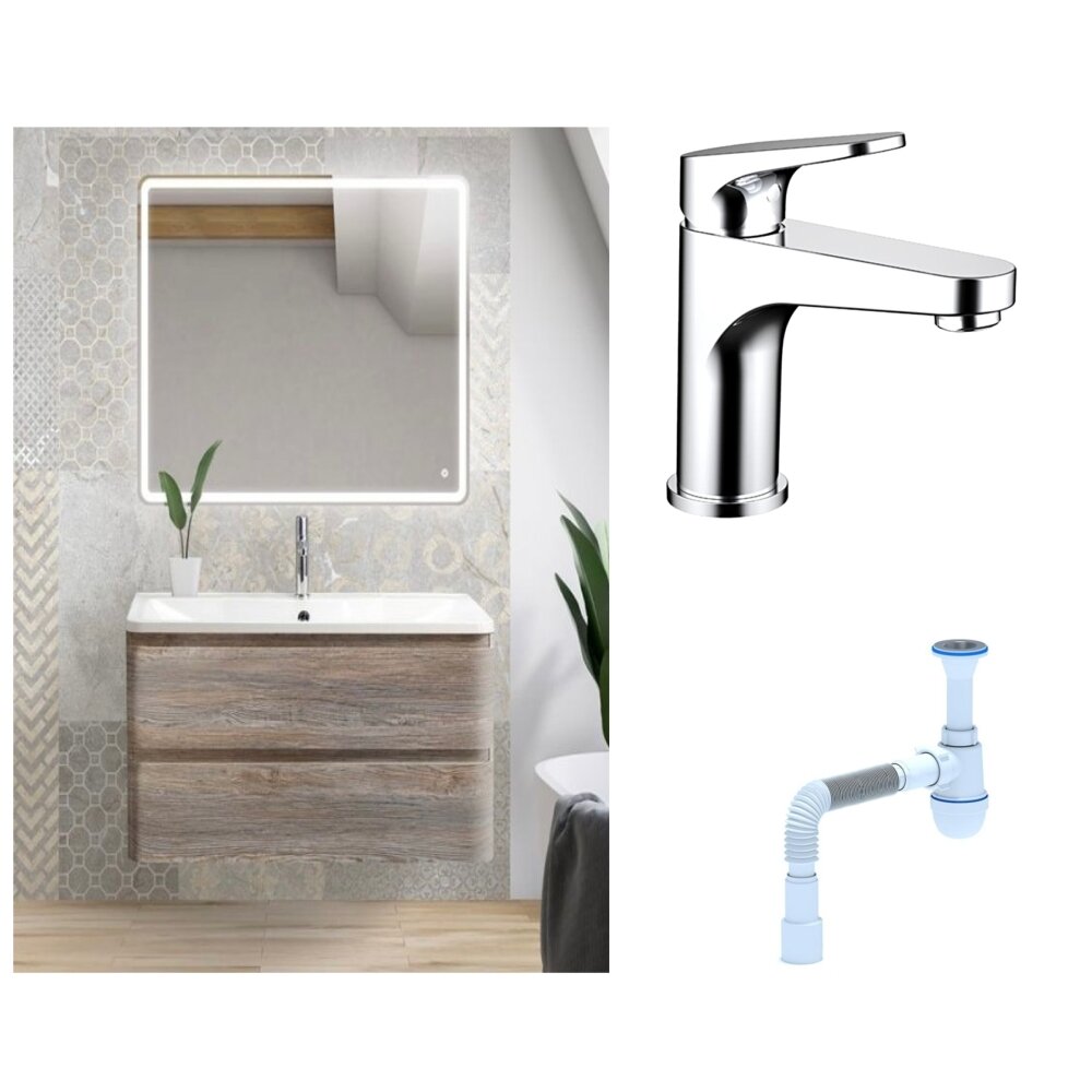 Комплект: Мебель для ванной BelBagno Albano 80 pino scania + Смеситель Bravat Eler F1191238CP-RUS для раковины однорычажный, хром + Сифон АниПласт 139666 + F1191238CP-RUS + C2015xrv