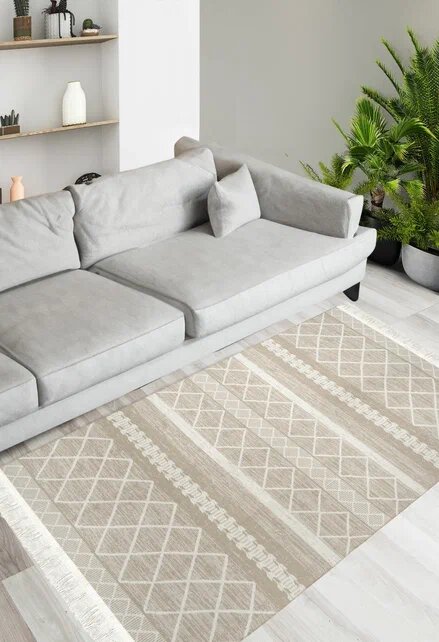 Ковер на пол на кухню в гостиную 80х150 см бежевый бохо безворсовой с бахромой 338092 KoverVDom