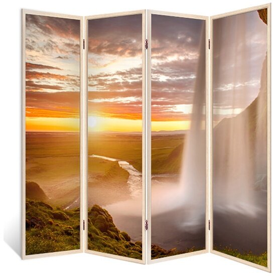 Ширма перегородка Декор Депо для комнаты деревянная "Водопад" двухсторонняя с картинкой (природа) 4 створки кремовый дуб 176х185 см 14 кг