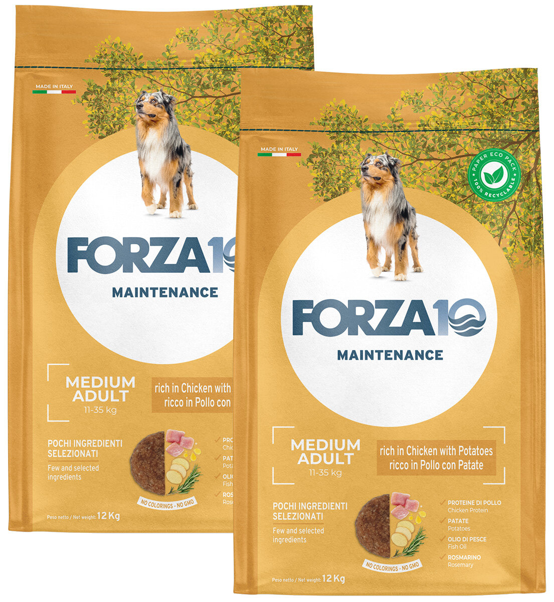FORZA10 DOG MAINTENANCE ADULT MEDIUM для взрослых собак средних пород с курицей и картофелем 12 + 12 кг
