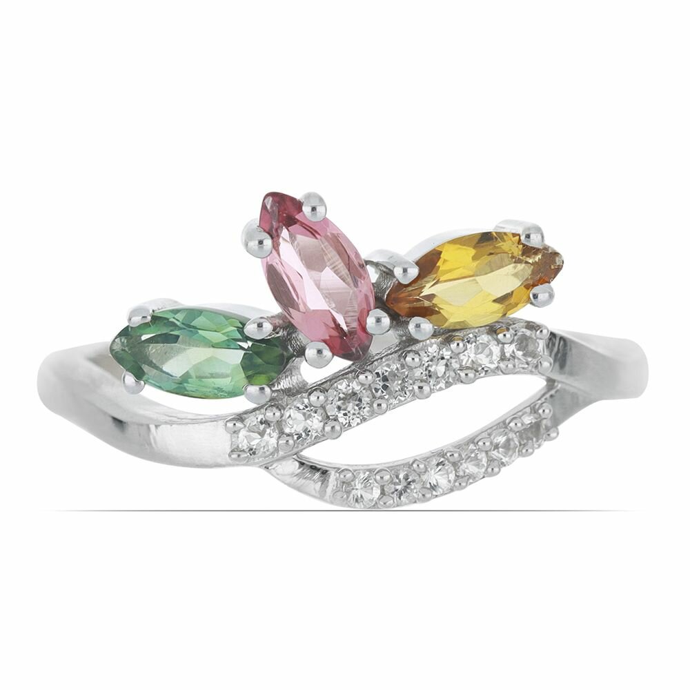 Кольцо тонкое, серебро, 925 проба, родирование, турмалин, топаз