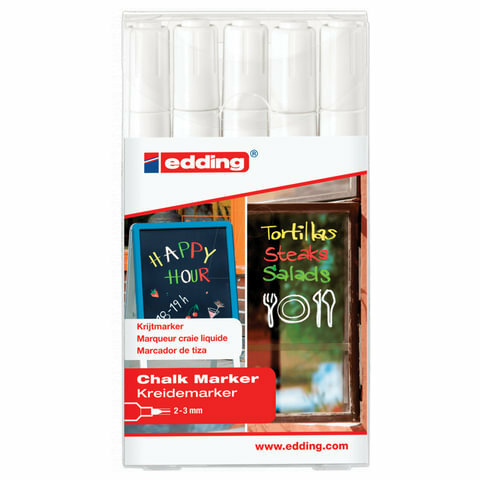 Маркеры меловые EDDING 4095 набор 5 шт, 2-3 мм, белые, влагостираемыей, для гладких поверхностей, E-4095/5S/49