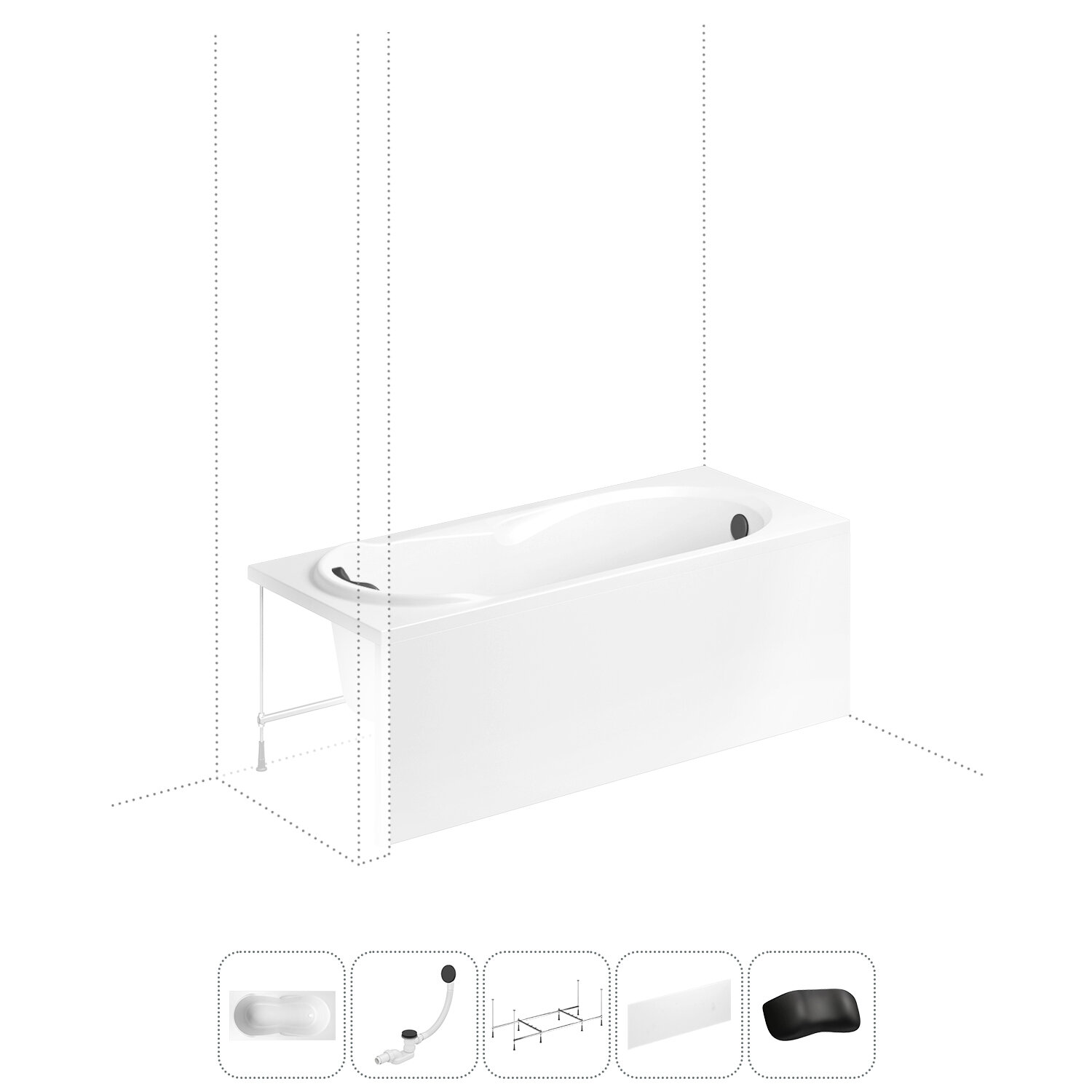 Акриловая ванна 150x70 с каркасом и экраном Lavinia Boho Easter Pro 202011706 в наборе 5 в 1: прямоугольная ванна 150 x 70 см, слив-перелив, каркас, экран, подголовник