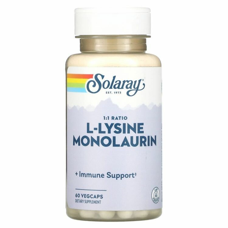 Solaray, L-Lysine Monolaurin, Л-лизин и монолаурин, в соотношении 1:1, 60 вегетарианских капсул