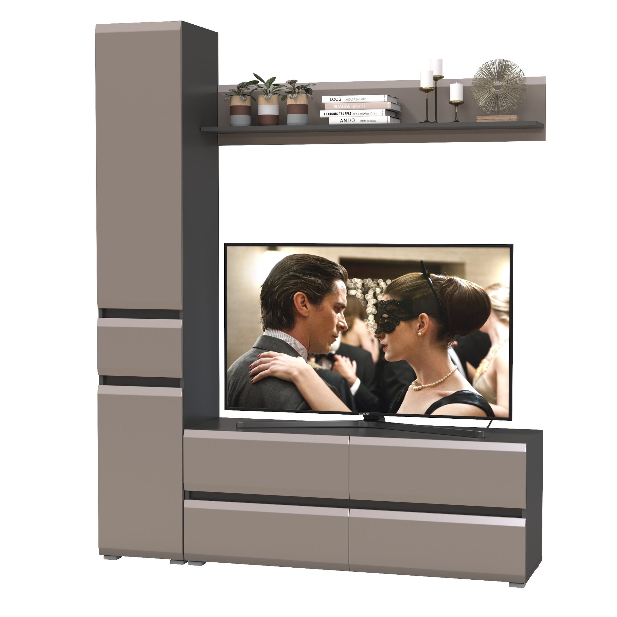 ТВ-тумба с верхней полкой и пеналом с ящиком Сидней, цвет антрацит/веллюто, 164,9х41,3х205,2 см.