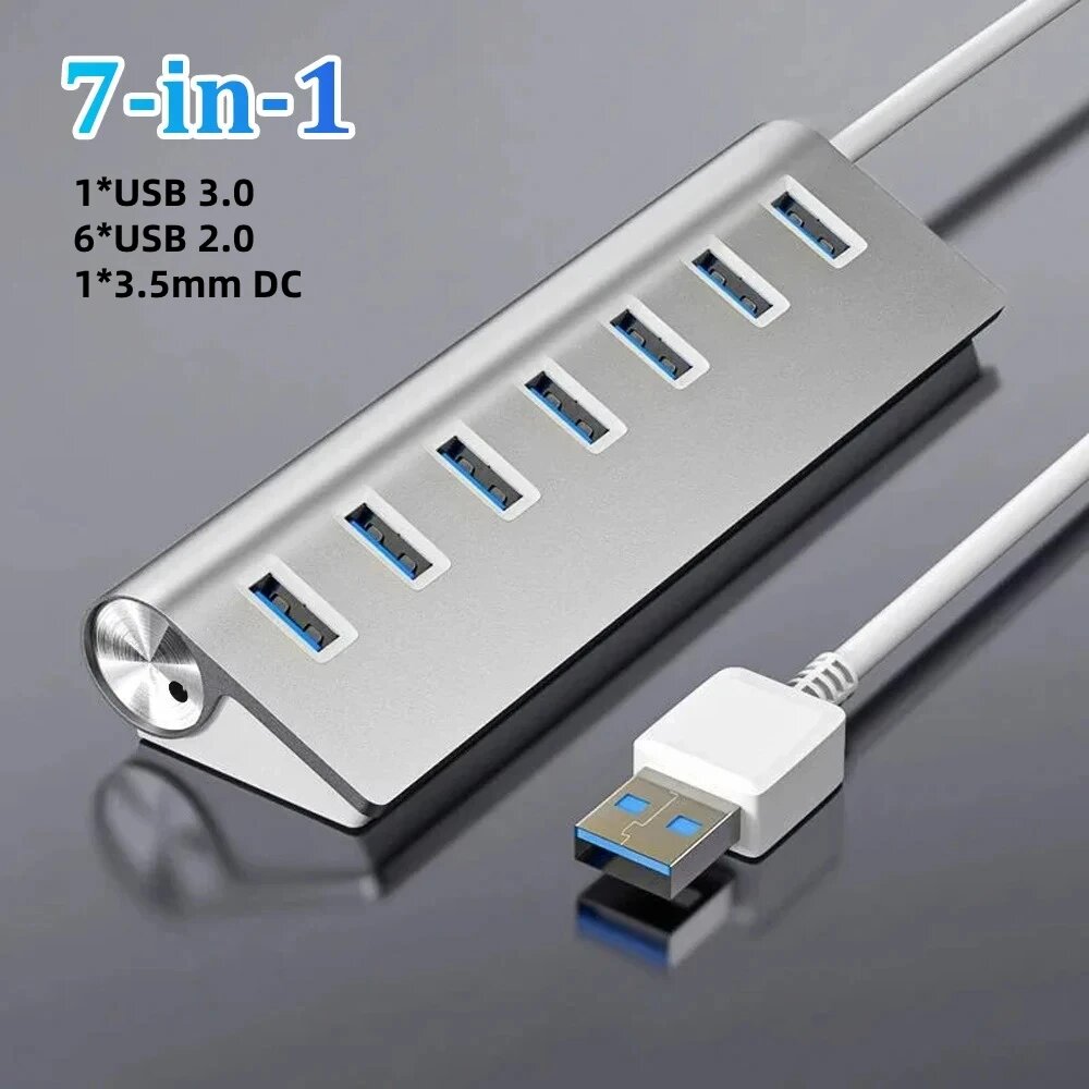 USB хаб 7-в-1 с USB 3.0, USB 2.0, 3.5mm DC, серый