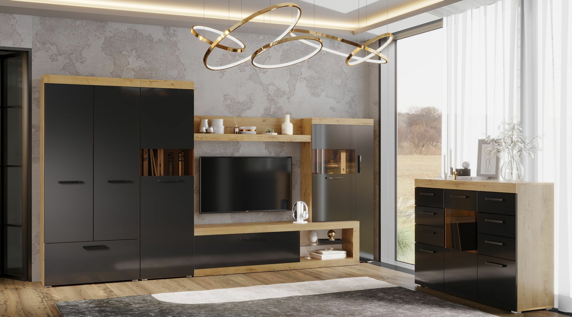 Гостиная Бастон (comp 5) Дуб вотан/Черный глянец