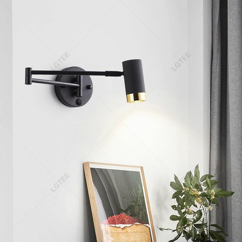 Современные светодиодные настенные светильники с выключателем регулируемым поворотом на длинной ручке для домашнего декора прикроватной тумбочки в спальне, золотое бра