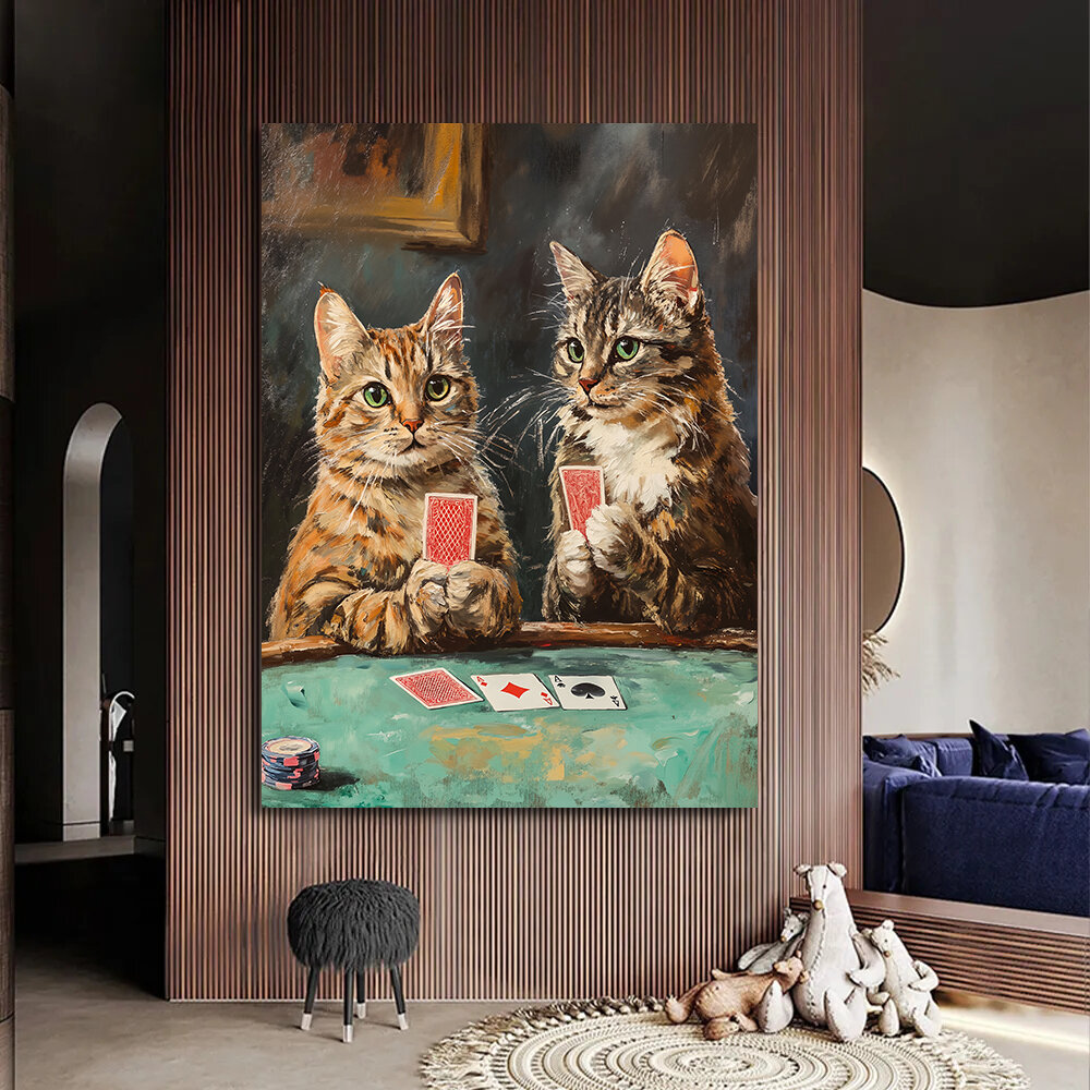 Красивые котики играют в карты, картина с котом / постер интерьерный, 50х70 см.