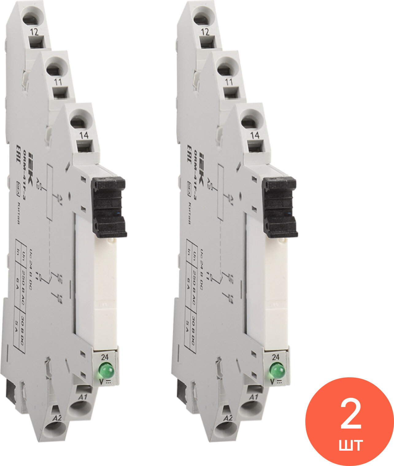 Реле промежуточное ONI / ОНИ ORM 3 интерфейсное, 87x6.2x76мм, 6А 1NO+1NC 24В DC, ORM-41F-3 / электрика (комплект из 2 шт)