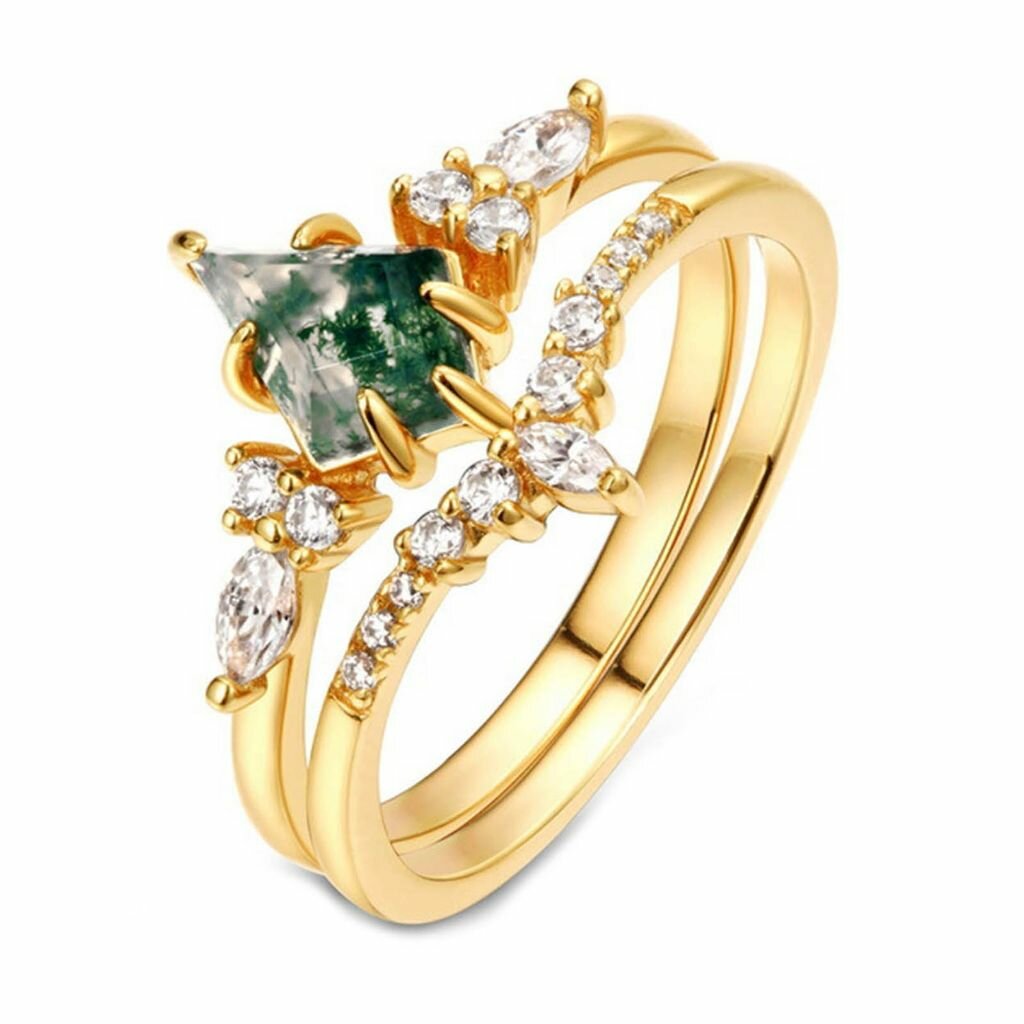 Набор из 2 предметов с кольцом из зеленого мха с камнем 9 золотых