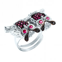 Кольцо на два пальца, серебро, 925 проба, родирование, рубин синтетический, циркон