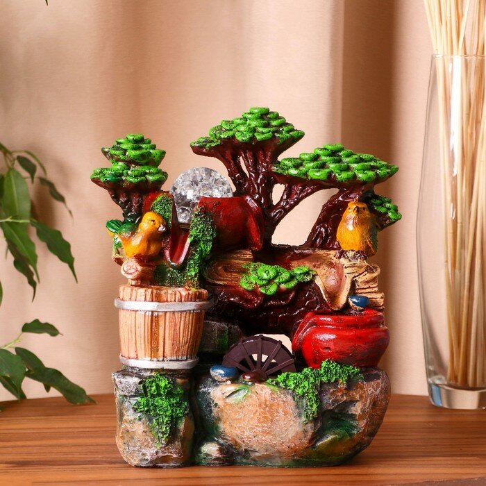 Фонтан настольный «Птички на брёвнышке у мельницы», 12×16×27 см, с подсветкой