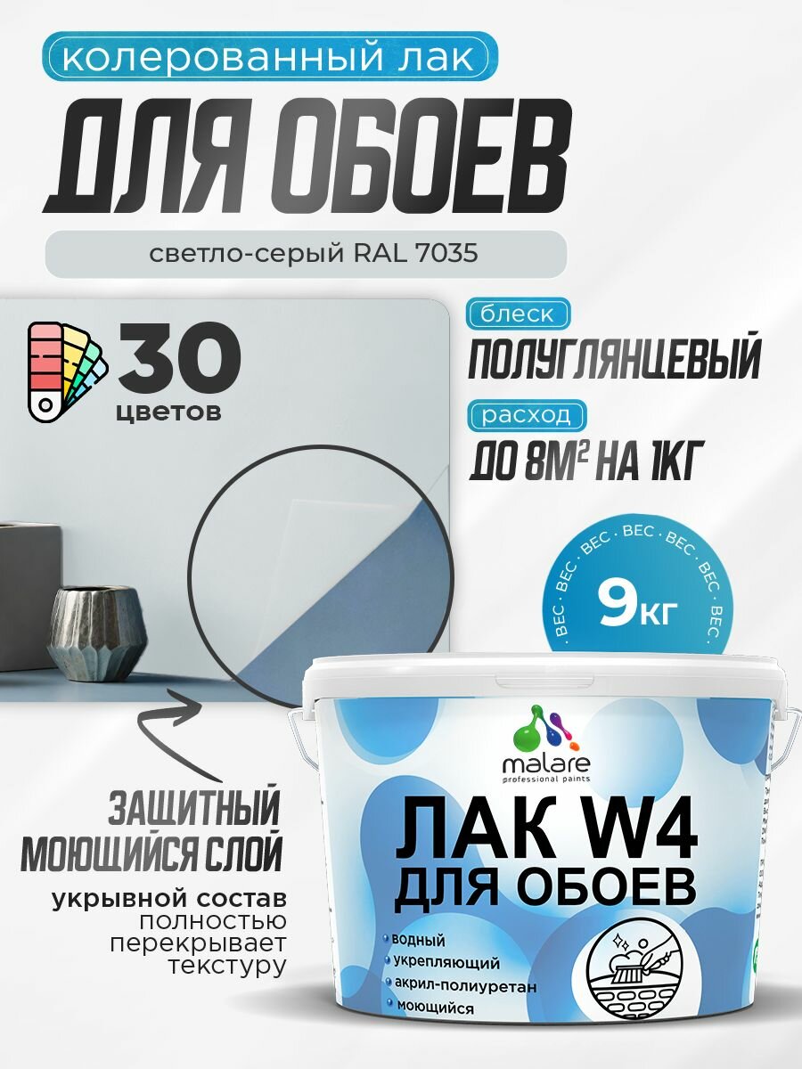 Лак колерованный укрывной для защиты обоев Malare W4 универсальный для дерева и минеральных поверхностей, водный без запаха быстросохнущий, полуглянцевый RAL 7035 светло-серый, 9 кг.