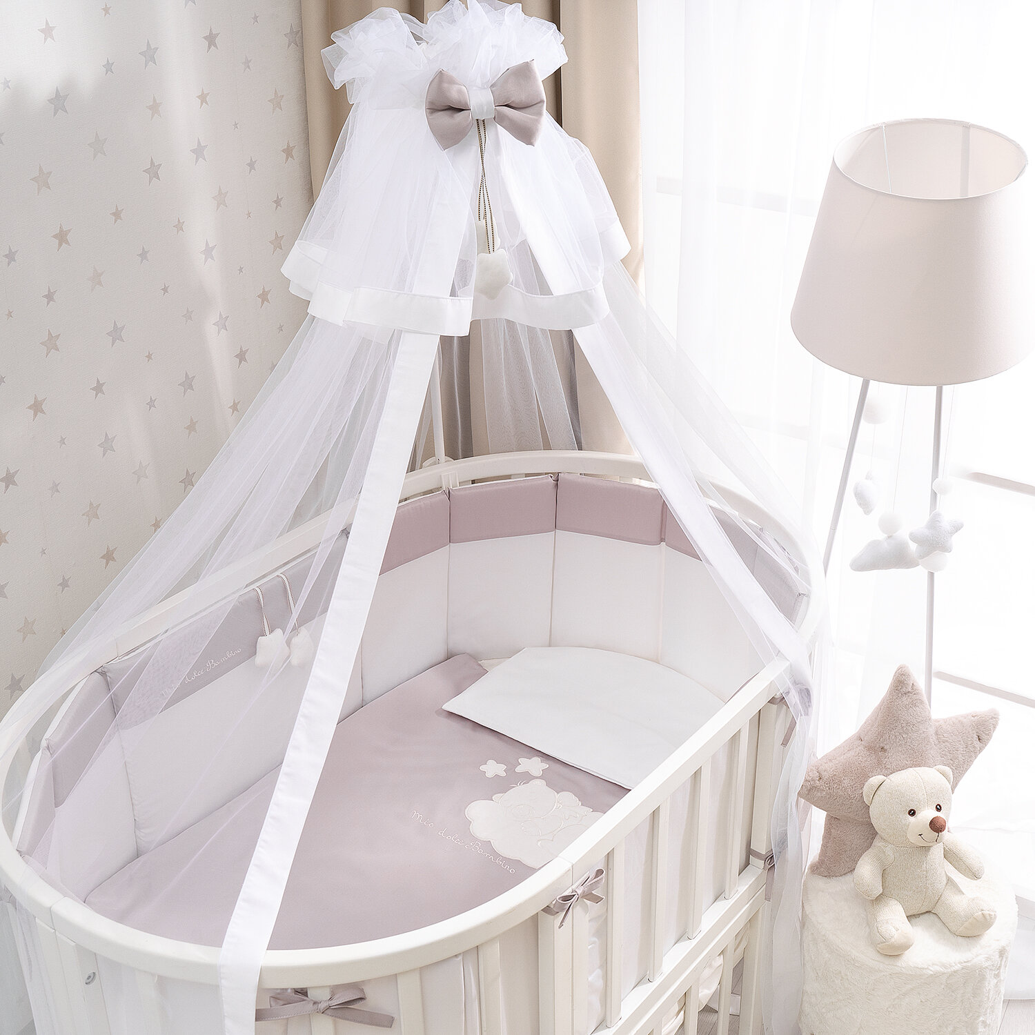 Perina комплект Бамбино круг-овал (6 предметов) грей, для круглой и овальной кроватки. Балдахин не входит в комплект
