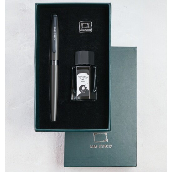 Ручка перьевая Малевичъ с конвертером, перо EF 0,4 mm, набор с чернилами и значком, мокрый асфальт