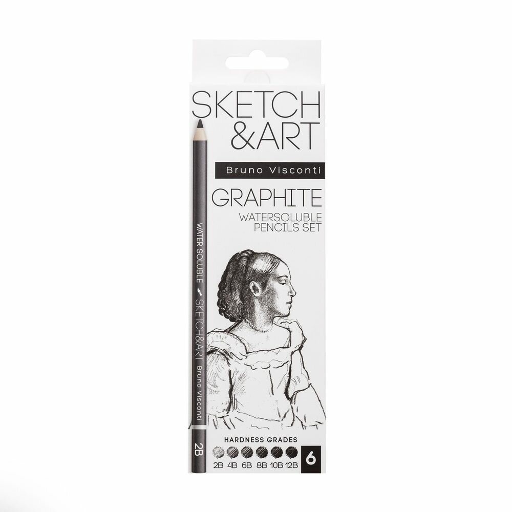 Набор чернографитных карандашей Sketch&Art акварельные, 2B, 4B, 6B, 8B, 10B, 12B, 6 шт (25-003)