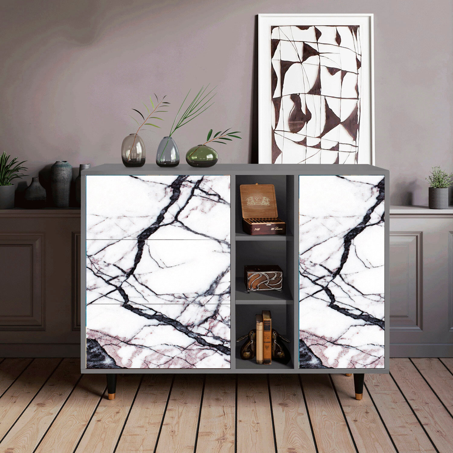 Комод - STORYZ - BS2 Raven Marble, Разер - 125 x 97 x 48 см , Цвет корпуса - Серый