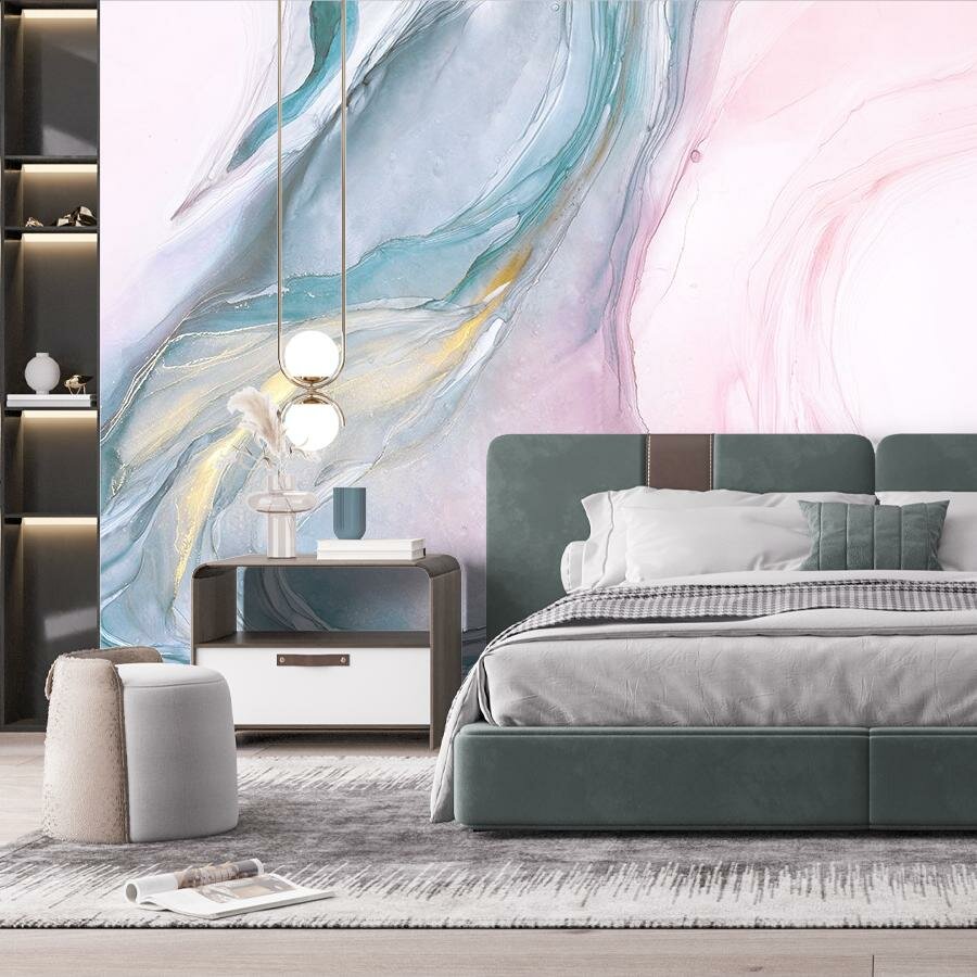 Фотообои флюид арт бирюзовый и розовый 9-1876-S-Холст 270 x 200 см (ВхШ) Бесшовные, флизелиновые, влагостойкие обои MasterFresok