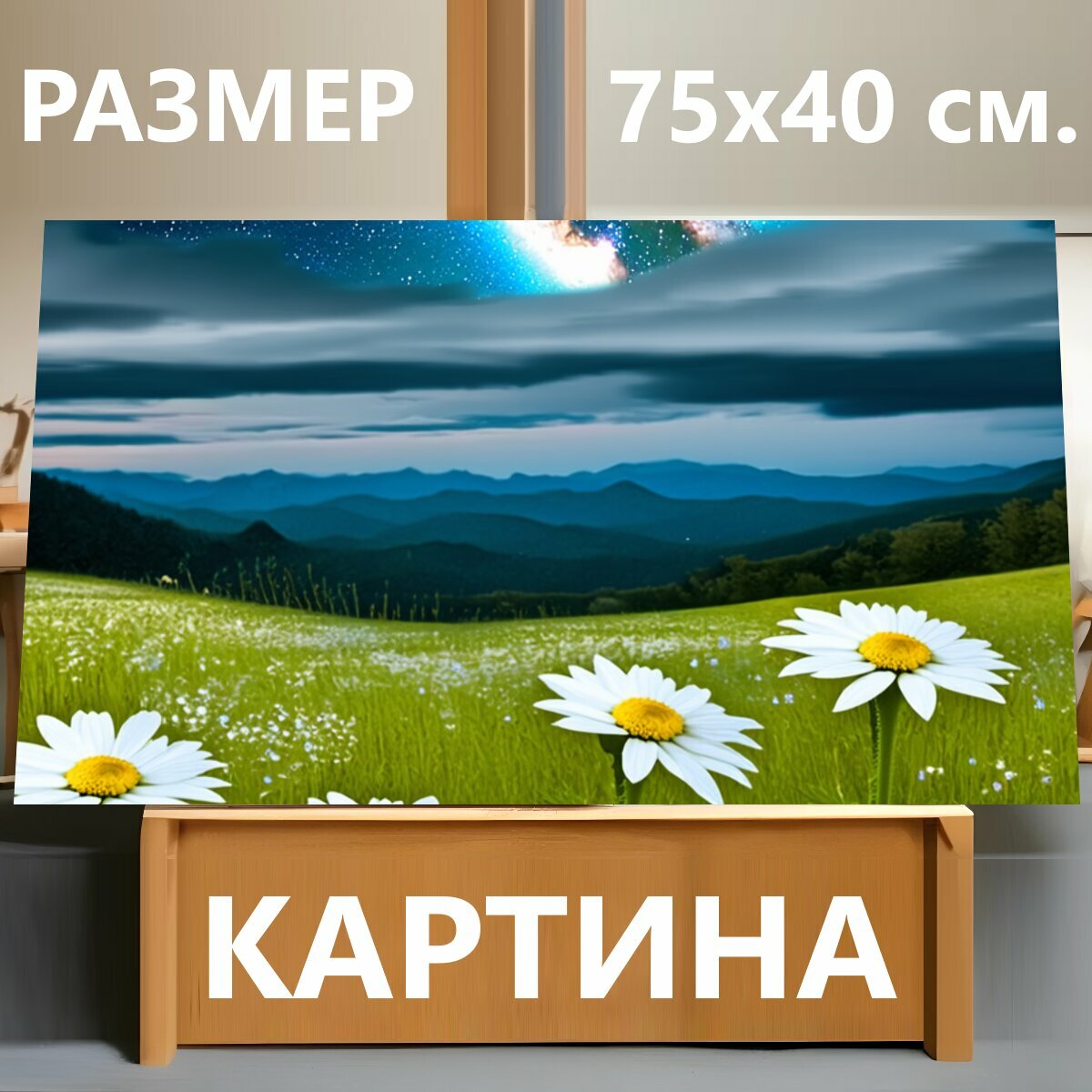 Картина на холсте "Пейзаж с гигантскими цветами ромашки белого цвета, растущими на зеленом поле, под звездным небом с видимой Млечной дорогой." на подрамнике 75х40 см. для интерьера