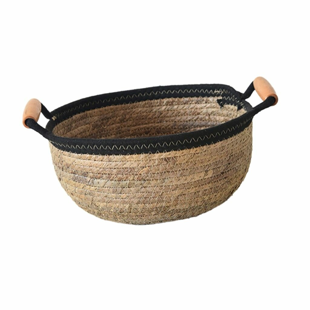 (1 шт.) Настольная корзина для хранения банановой веревки с деревянной ручкой-среднего размера черными краями